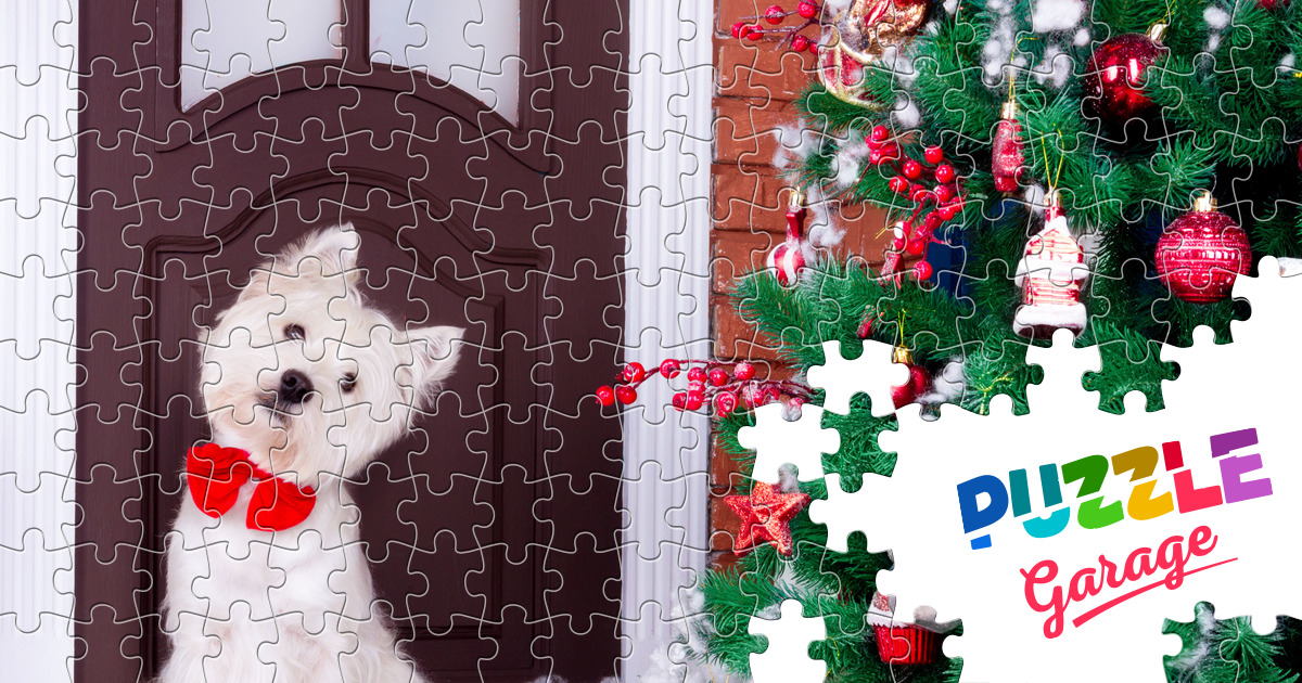White dog by the tree Jigsaw Puzzle (Holidays, Christmas) | Puzzle Garage