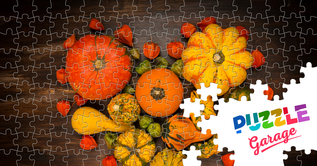 Pumpkins and physalis on the table Jigsaw Puzzle (Plants, Pumpkins ...