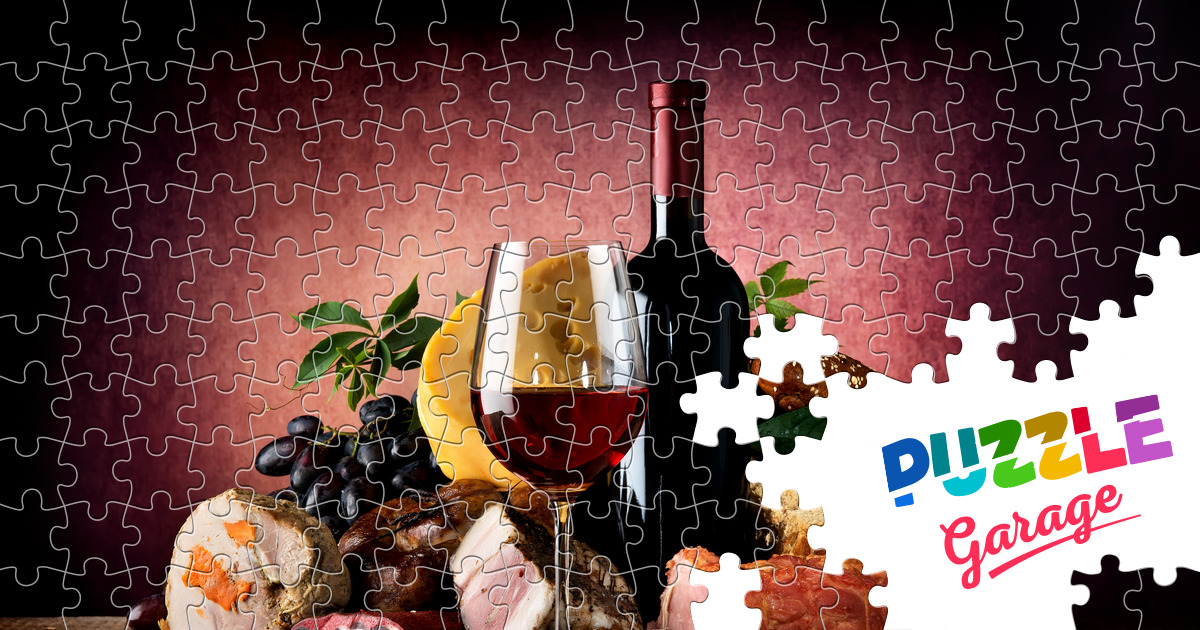 Ruoka ja viini puisella pöydällä Palapeli (Koti, Ruoka) | Puzzle Garage