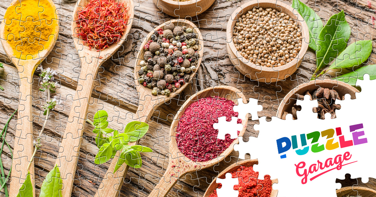 Spices in wooden spoons Jigsaw Puzzle (Home, Food) | Puzzle Garage