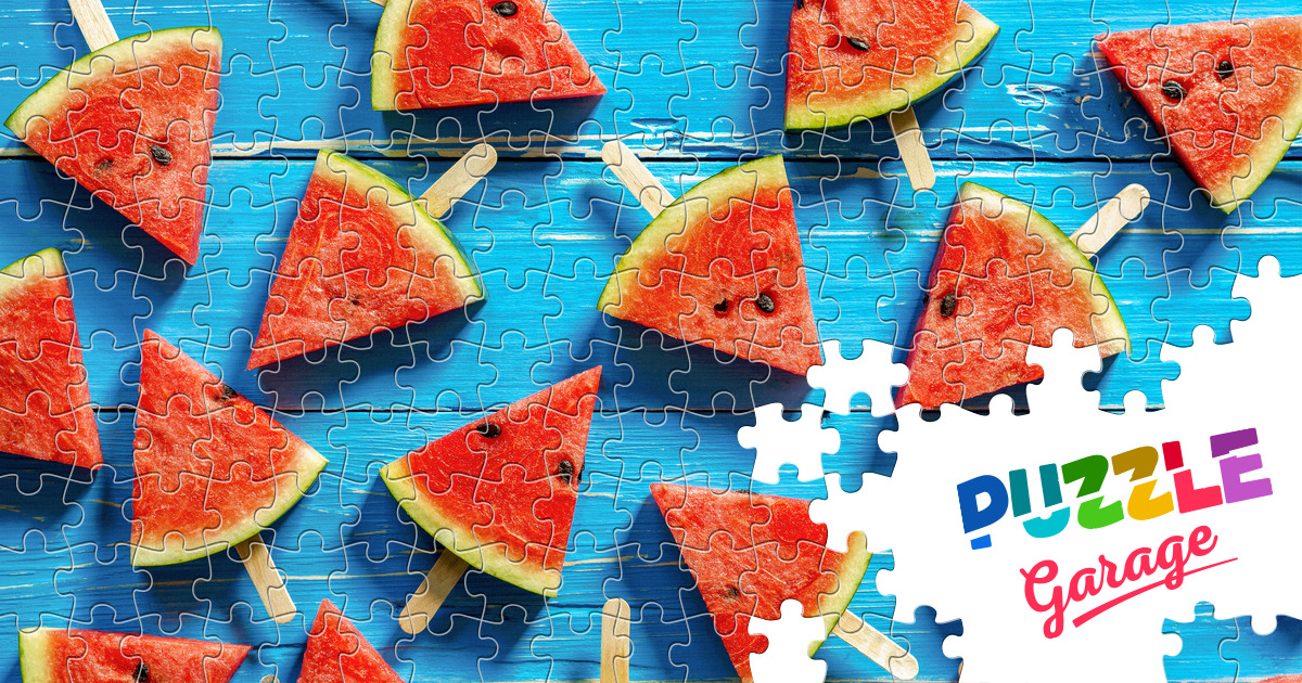 Watermelon slices on blue background Jigsaw Puzzle (Plants, Berries ...