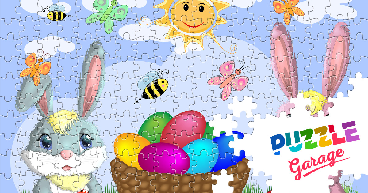 Easter bunnies near the basket Jigsaw Puzzle (For children, Cartoon ...