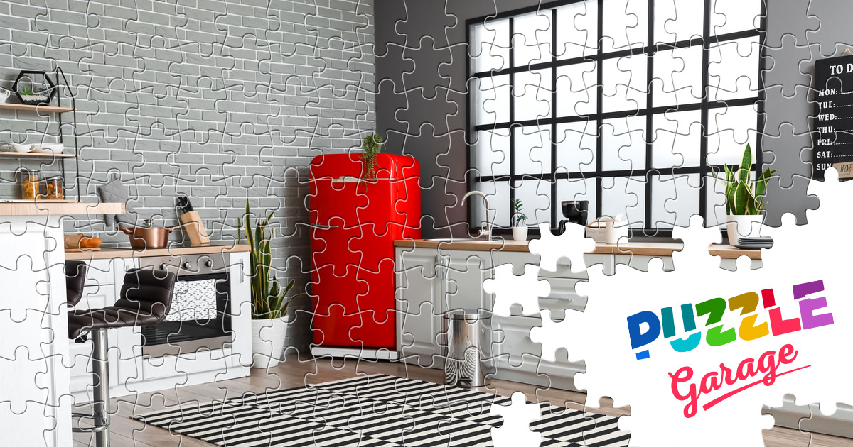 Kitchen interior with red fridge Jigsaw Puzzle (Home, Interiors ...