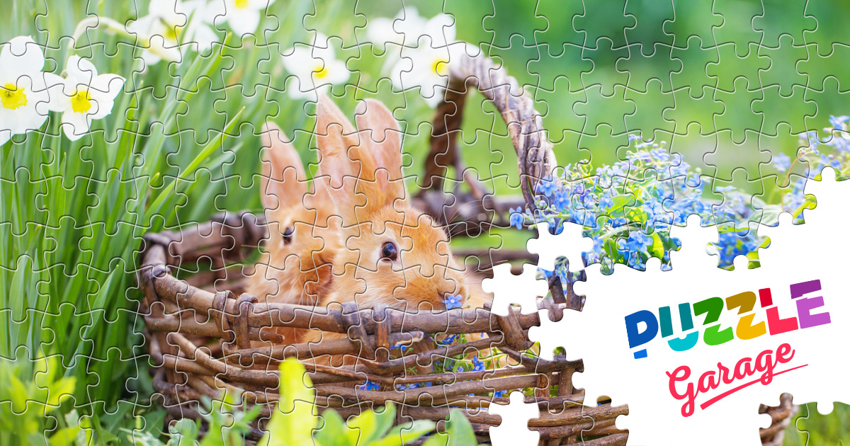 Rabbits in a basket with flowers Jigsaw Puzzle (Animals, Pets) | Puzzle Garage