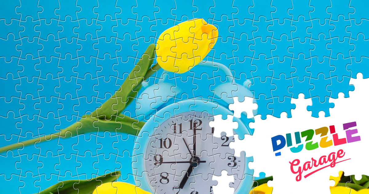 Blue alarm clock and yellow tulips Jigsaw Puzzle (Stuff, Watches ...