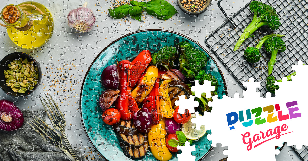 Grilled vegetables on a blue plate Jigsaw Puzzle (Home, Food) | Puzzle ...