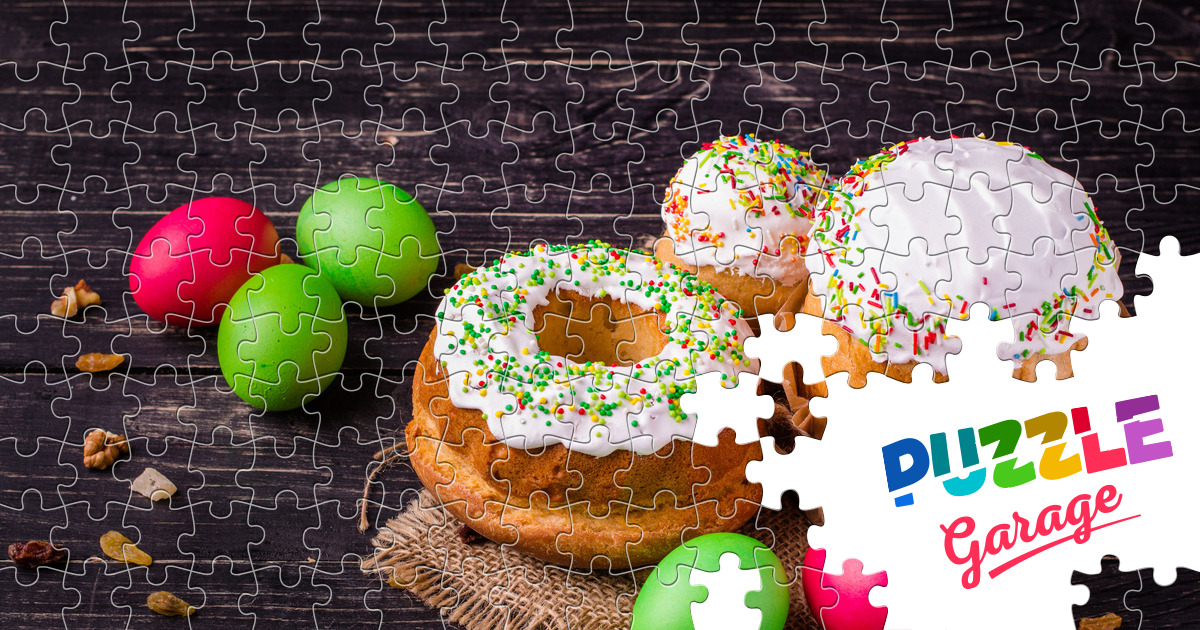Easter cakes and Easter eggs on a wooden table Jigsaw Puzzle (Holidays ...