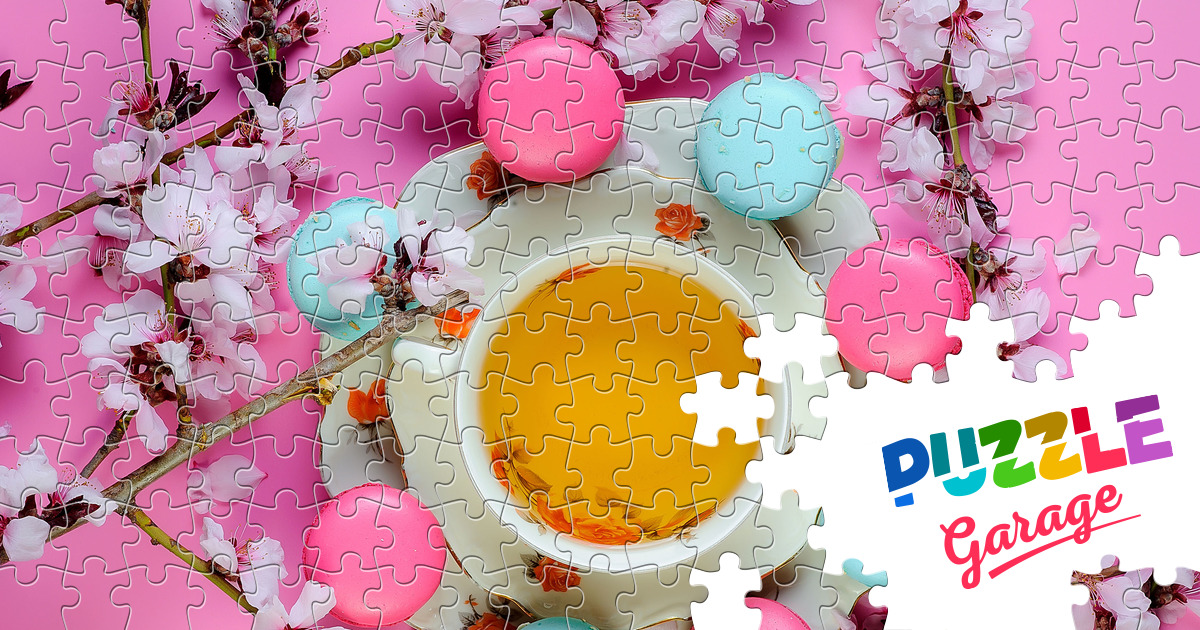 Cup of tea, cakes and flowers Jigsaw Puzzle (Home, Food) | Puzzle Garage