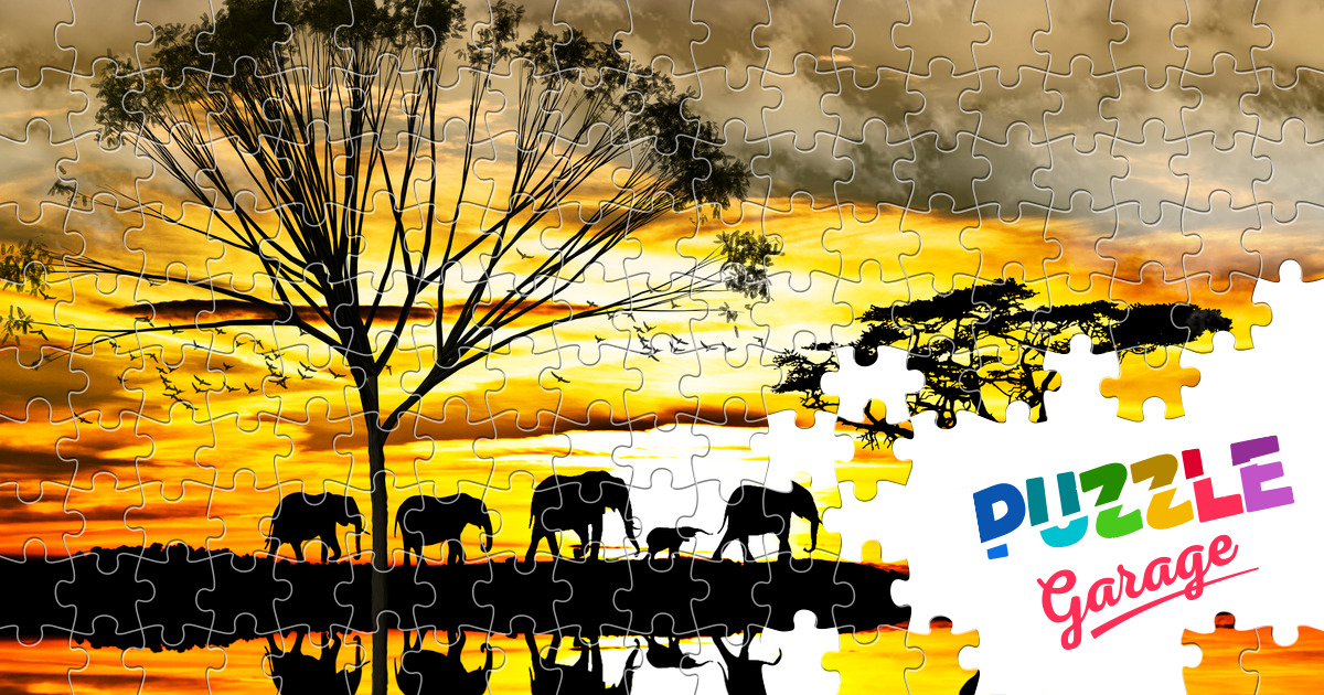 Elephants at sunset Jigsaw Puzzle (Animals, Mammals) | Puzzle Garage