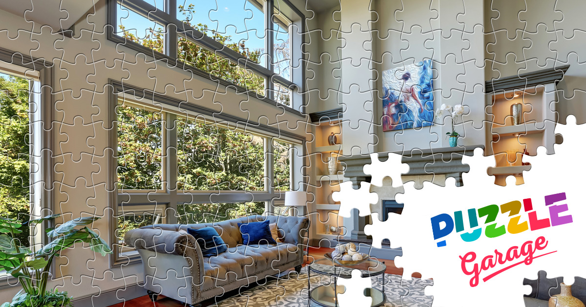 Living room with large windows and fireplace Jigsaw Puzzle (Home ...