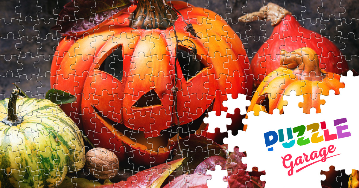 Halloween pumpkins and autumn leaves Jigsaw Puzzle (Holidays, Halloween ...