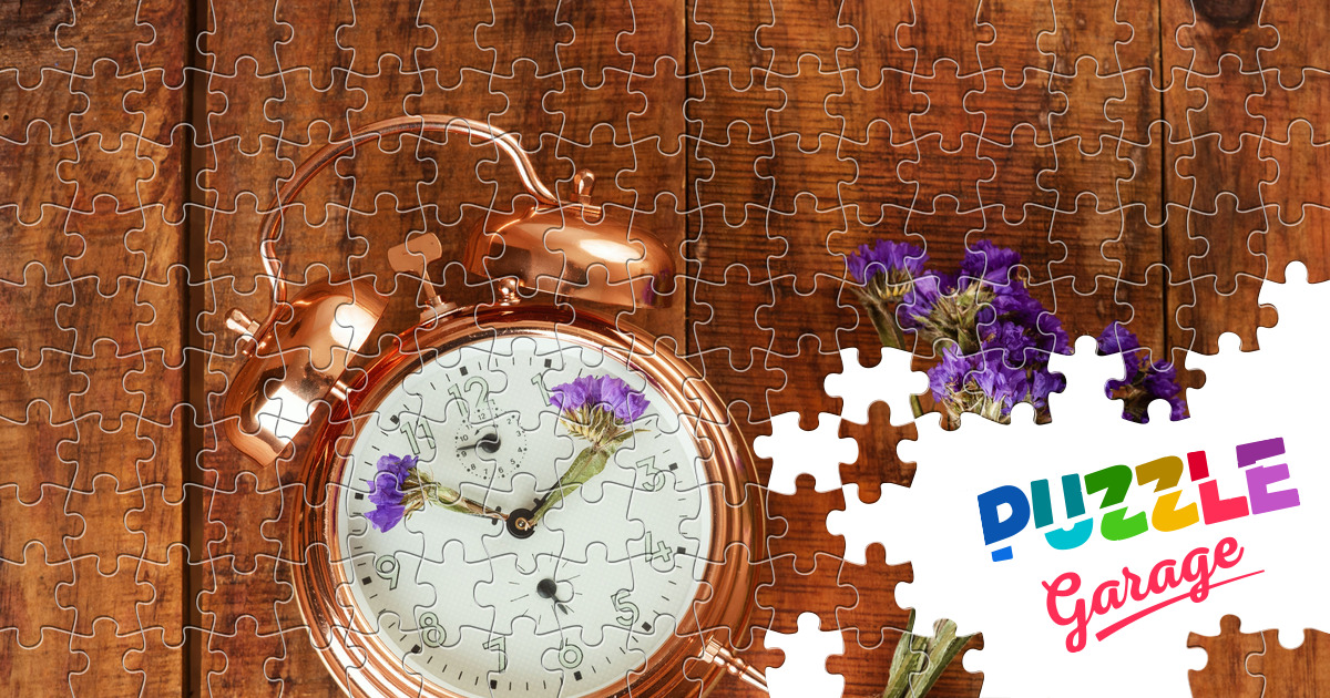 Alarm clock and flowers on a wooden table Jigsaw Puzzle (Stuff, Watches ...