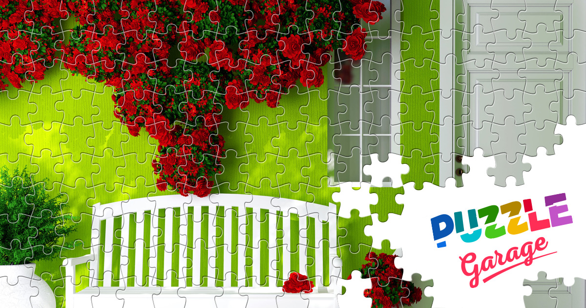 Red roses on a light green house Jigsaw Puzzle (Home, Facades) | Puzzle ...