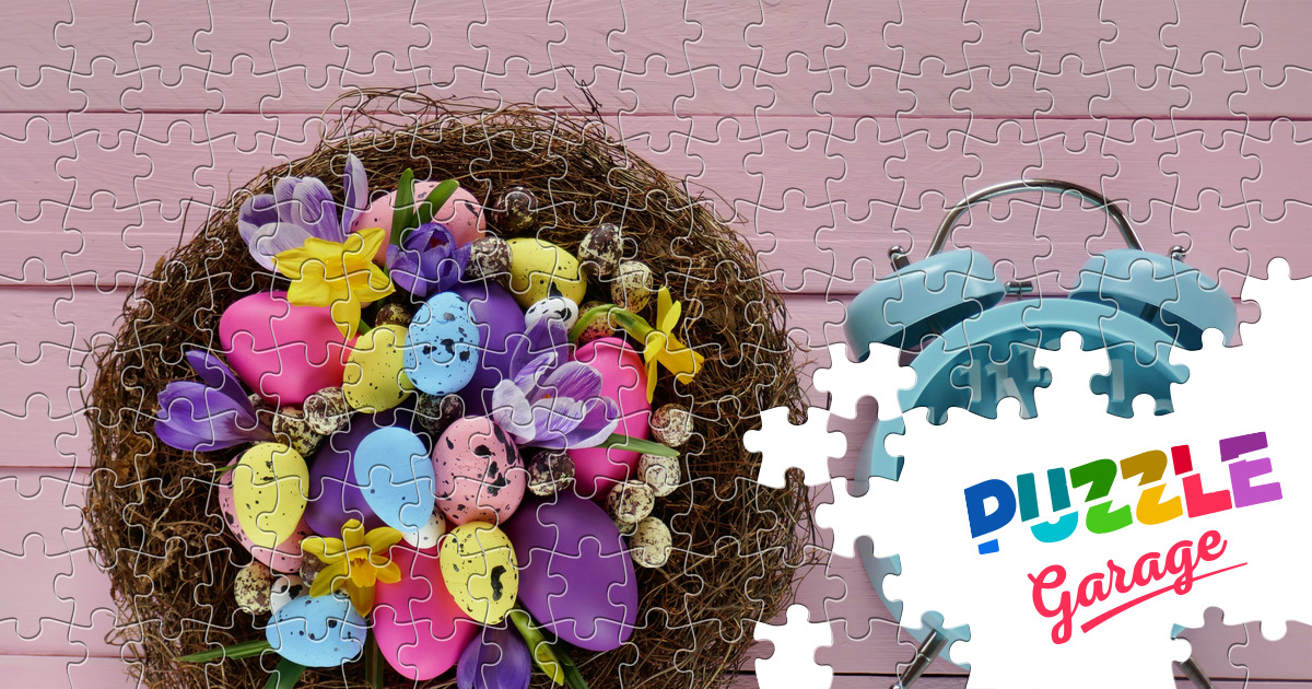 Nest with easter eggs and alarm clock on pink background Jigsaw Puzzle ...