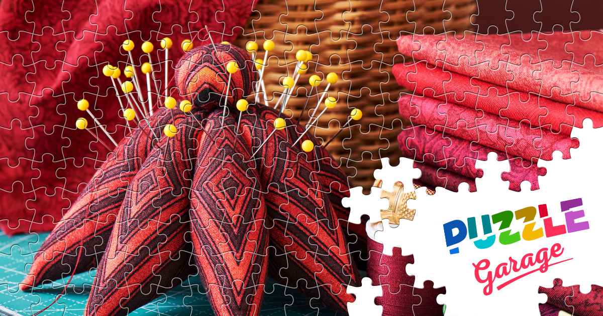 Red patches and sewing supplies Jigsaw Puzzle (Home, Needlework) | Puzzle Garage