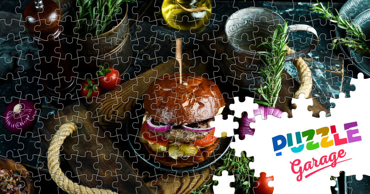 Burger on a wooden tray Jigsaw Puzzle (Home, Food) | Puzzle Garage