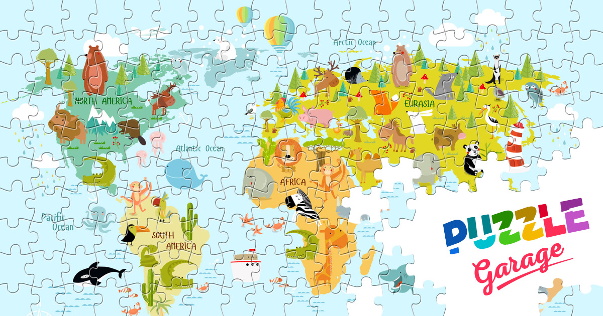 Map of the world Jigsaw Puzzle (For children, Cartoon Illustrations ...