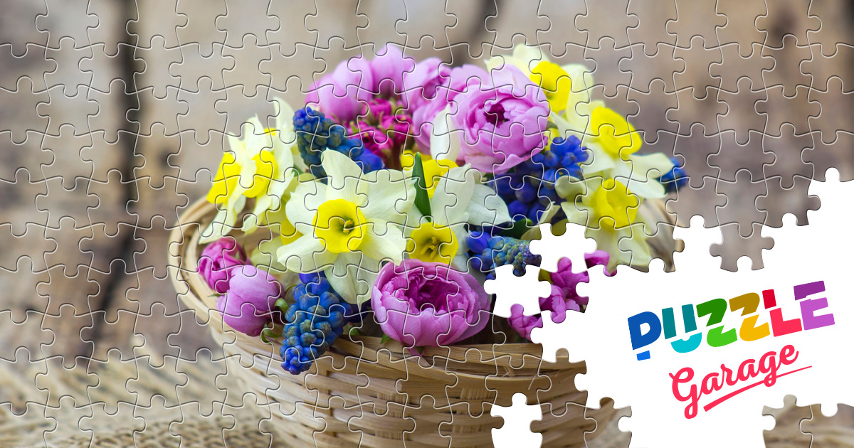 Bouquet of spring flowers in a basket Jigsaw Puzzle (Plants, Flowers ...