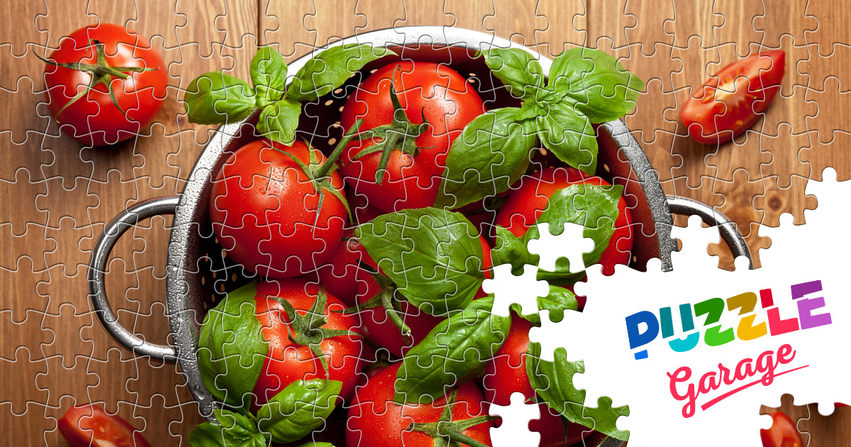 Ripe tomatoes with basil Jigsaw Puzzle (Plants, Vegetables) | Puzzle Garage