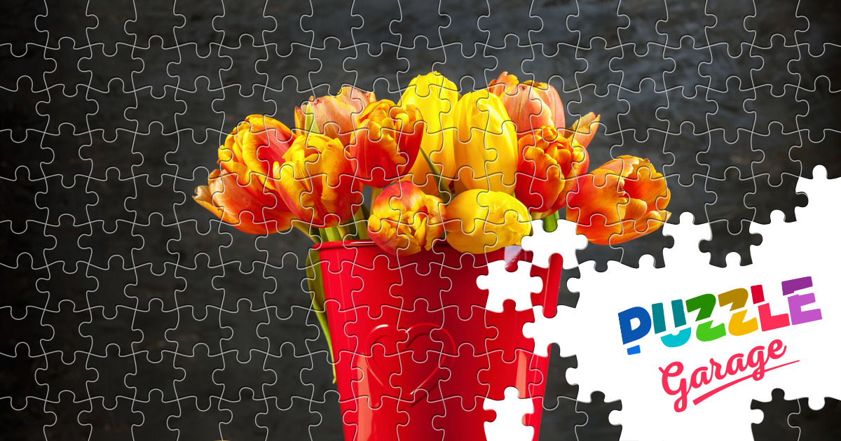 Tulips in a red bucket Jigsaw Puzzle (Plants, Flowers) | Puzzle Garage
