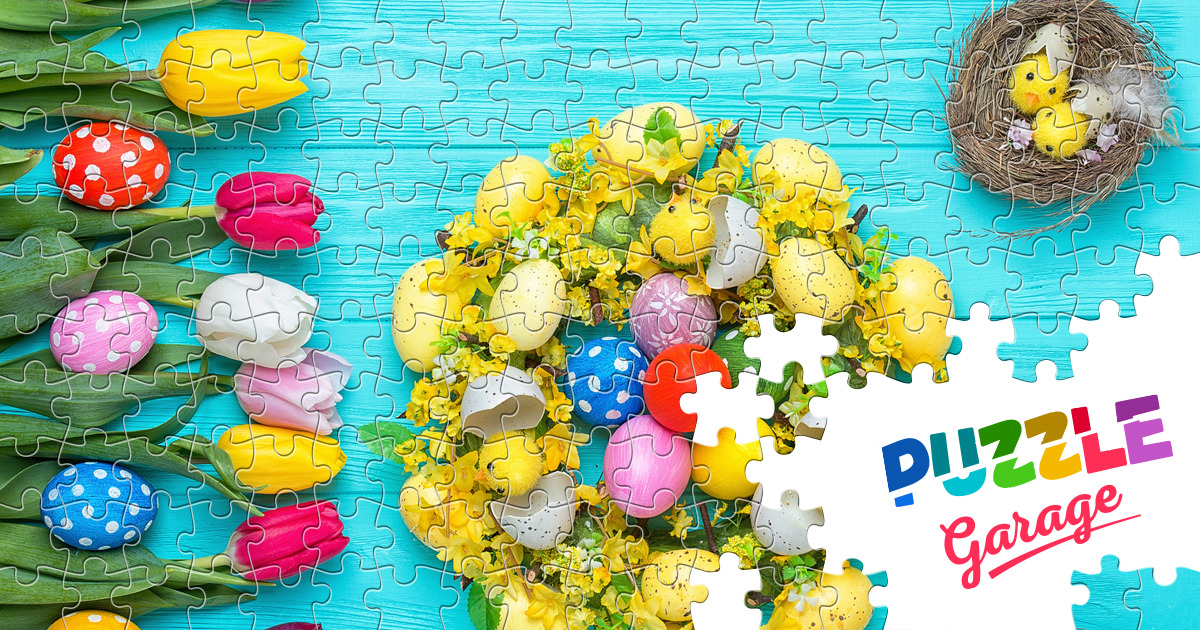 Easter eggs on blue background Jigsaw Puzzle (Holidays, Easter ...