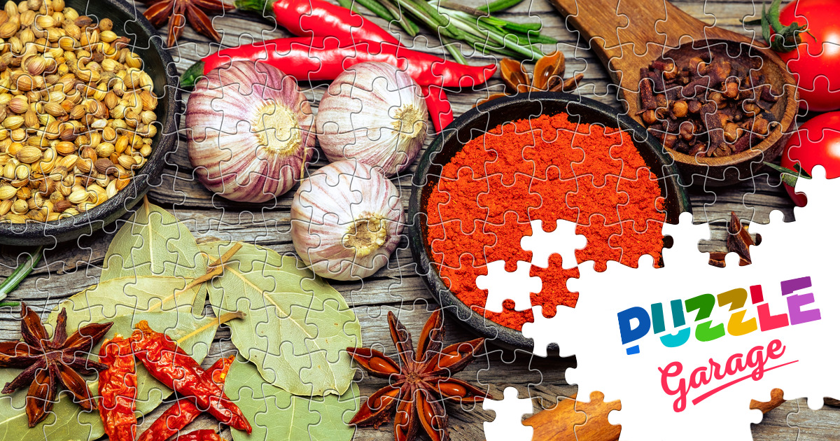 Spices and herbs on wooden background Jigsaw Puzzle (Home, Food ...